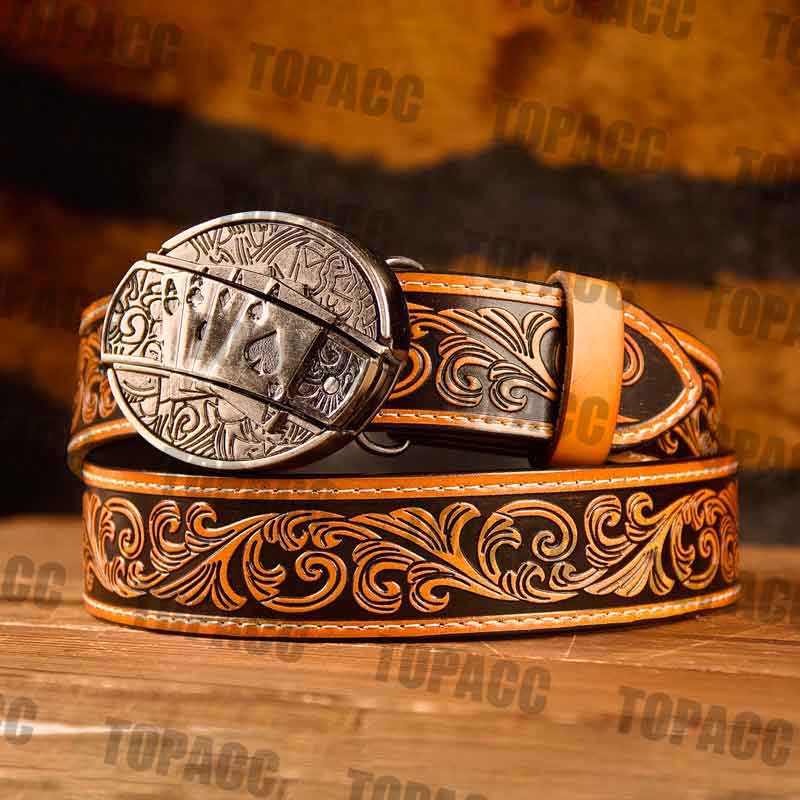 TOPACC Western Genuine Leather Pattern Tooled Belt - Buckle with Block ...